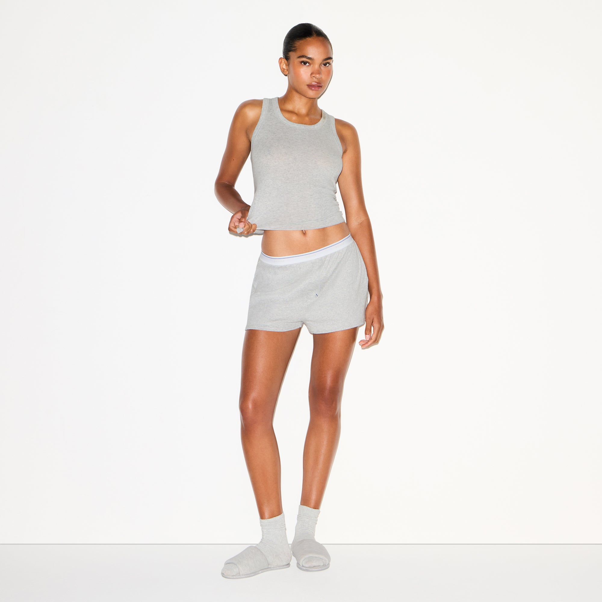 COTTON RIB SCOOP TANK AND SHORT SET | LIGHT HEATHER GREY